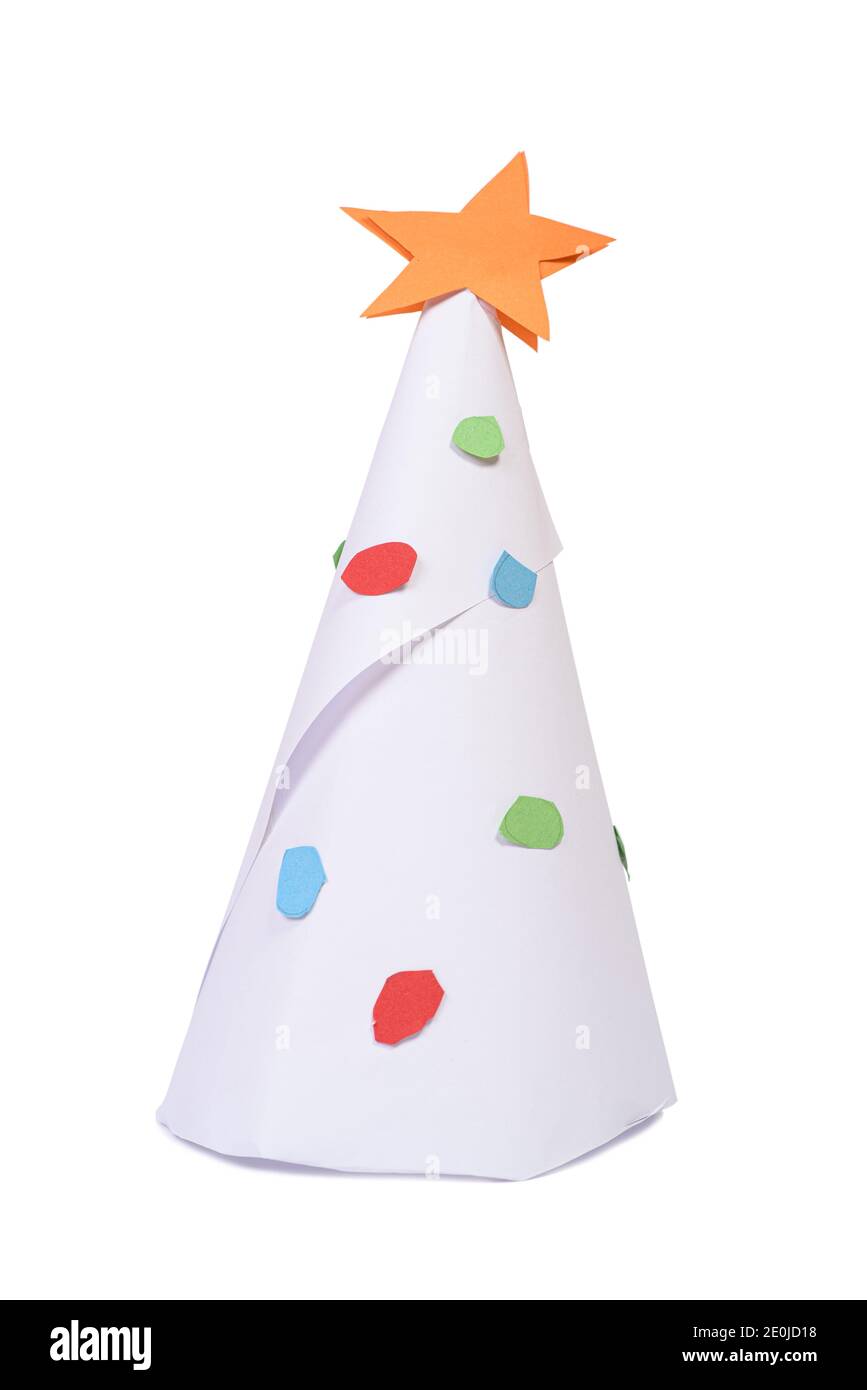 Handicraft paper toy. Christmas tree with decorations, object isolated ...