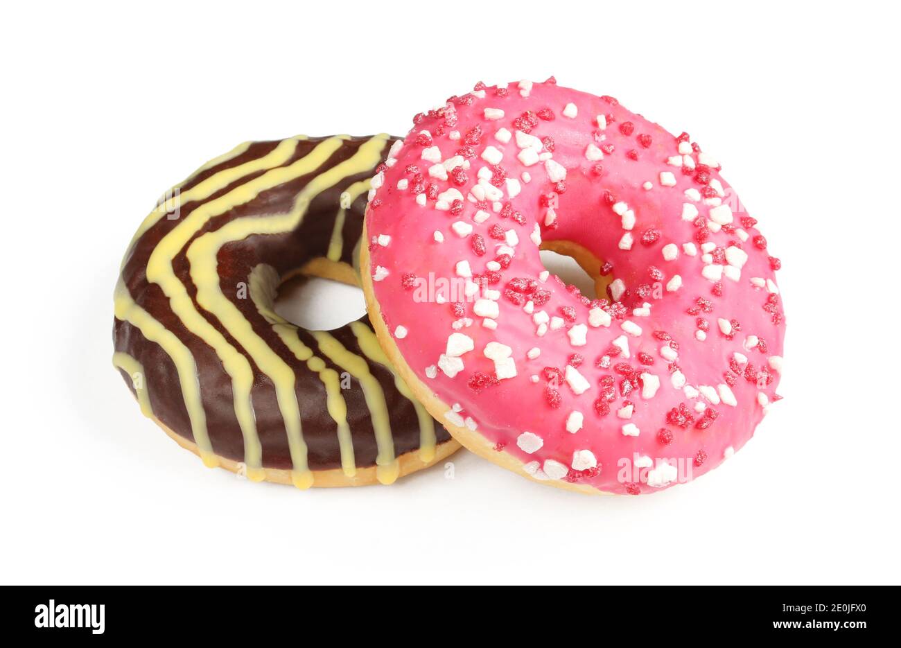 Two circle shaped donuts with colorful icing isolated on white ...