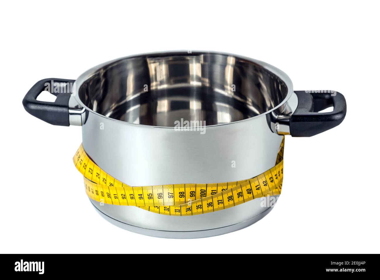 Steel grey saucepan Measure Tape ruler on a white background. Concept ...