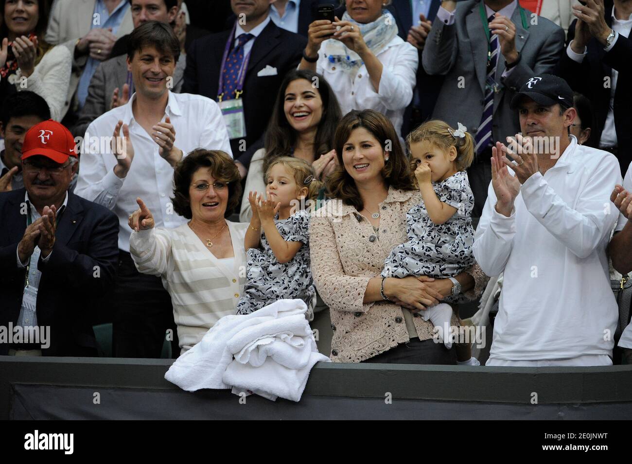 Switzerland's Roger Federer's wife Mirka Vavrinec with daughters Myla and Charlene in the Men ...