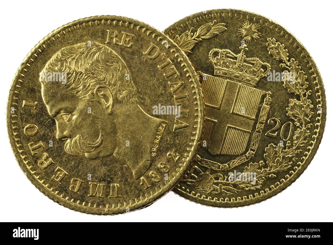 Italian 20 Lira gold coins isolated on white background Stock Photo - Alamy
