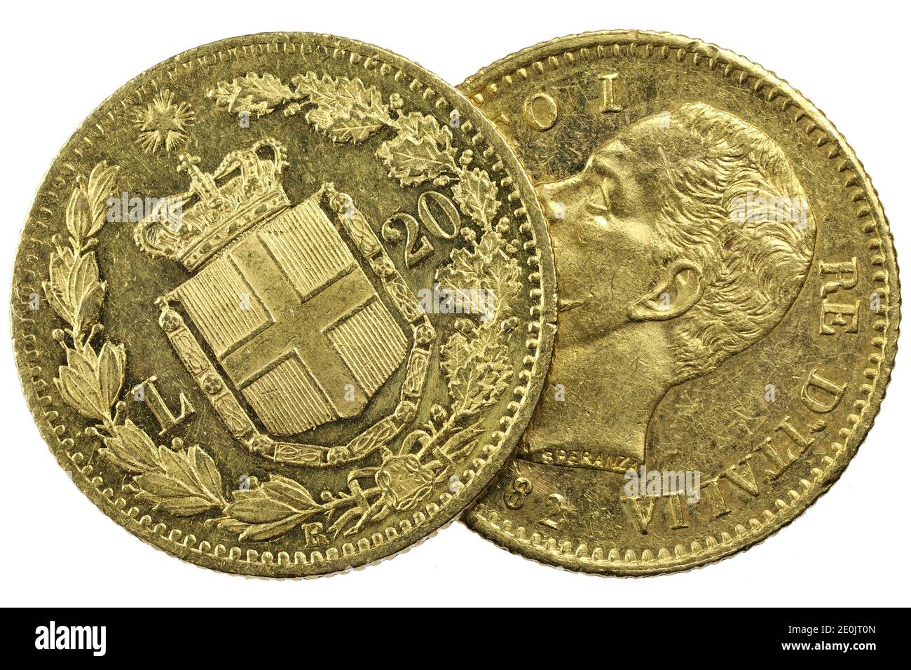 Italian 20 Lira gold coins isolated on white background Stock Photo - Alamy
