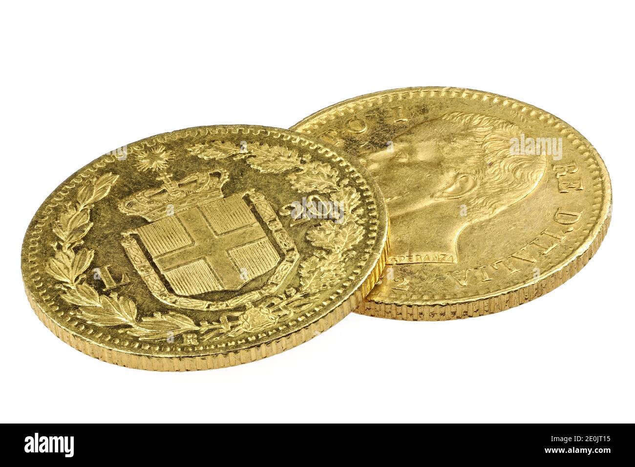 Italian 20 Lira gold coins isolated on white background Stock Photo - Alamy