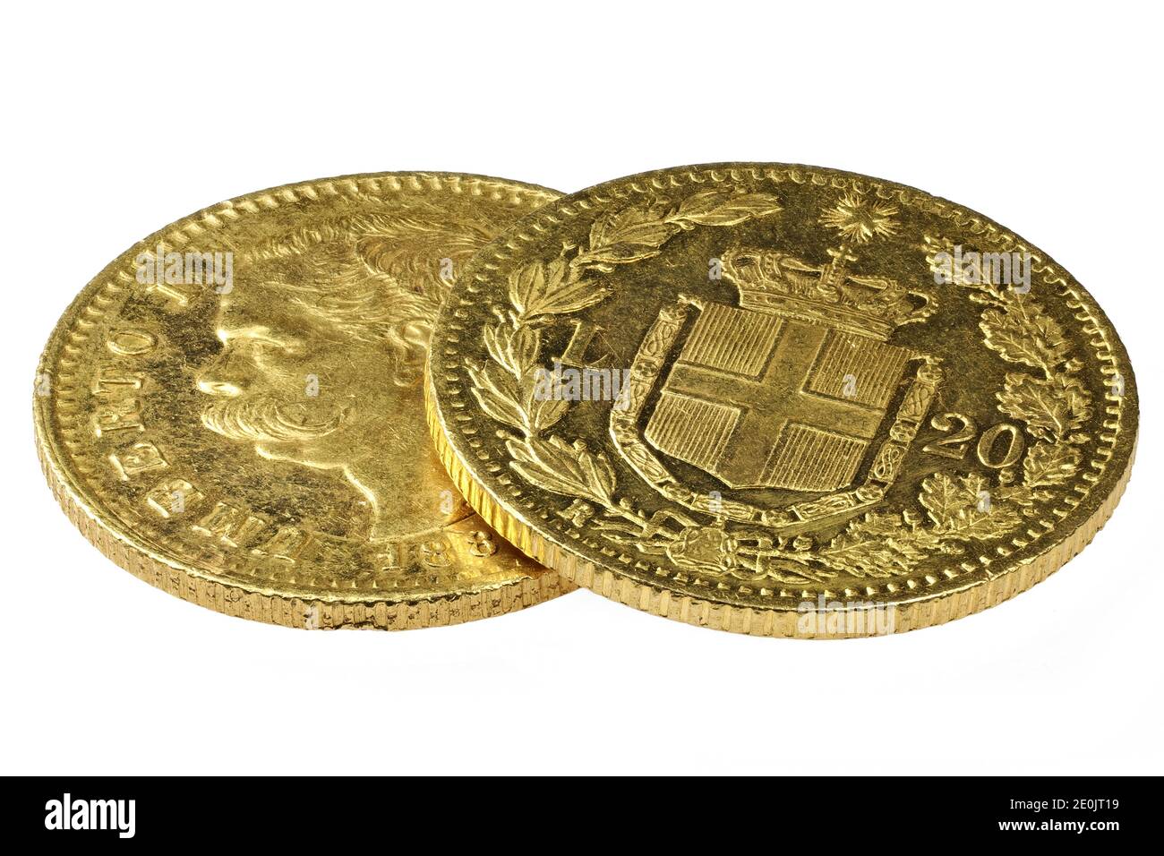Italian 20 Lira gold coins isolated on white background Stock Photo - Alamy