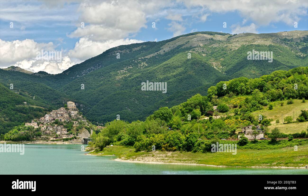 The ancient village of Castel di Tora perched above the Turano Lake ...