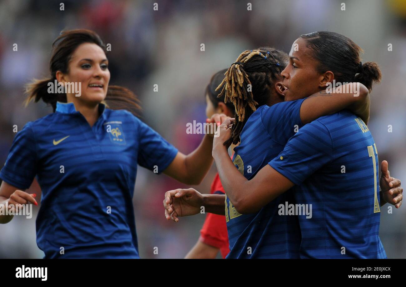France's Marie-Laure Delie after scoring celebrates with her teammates ...