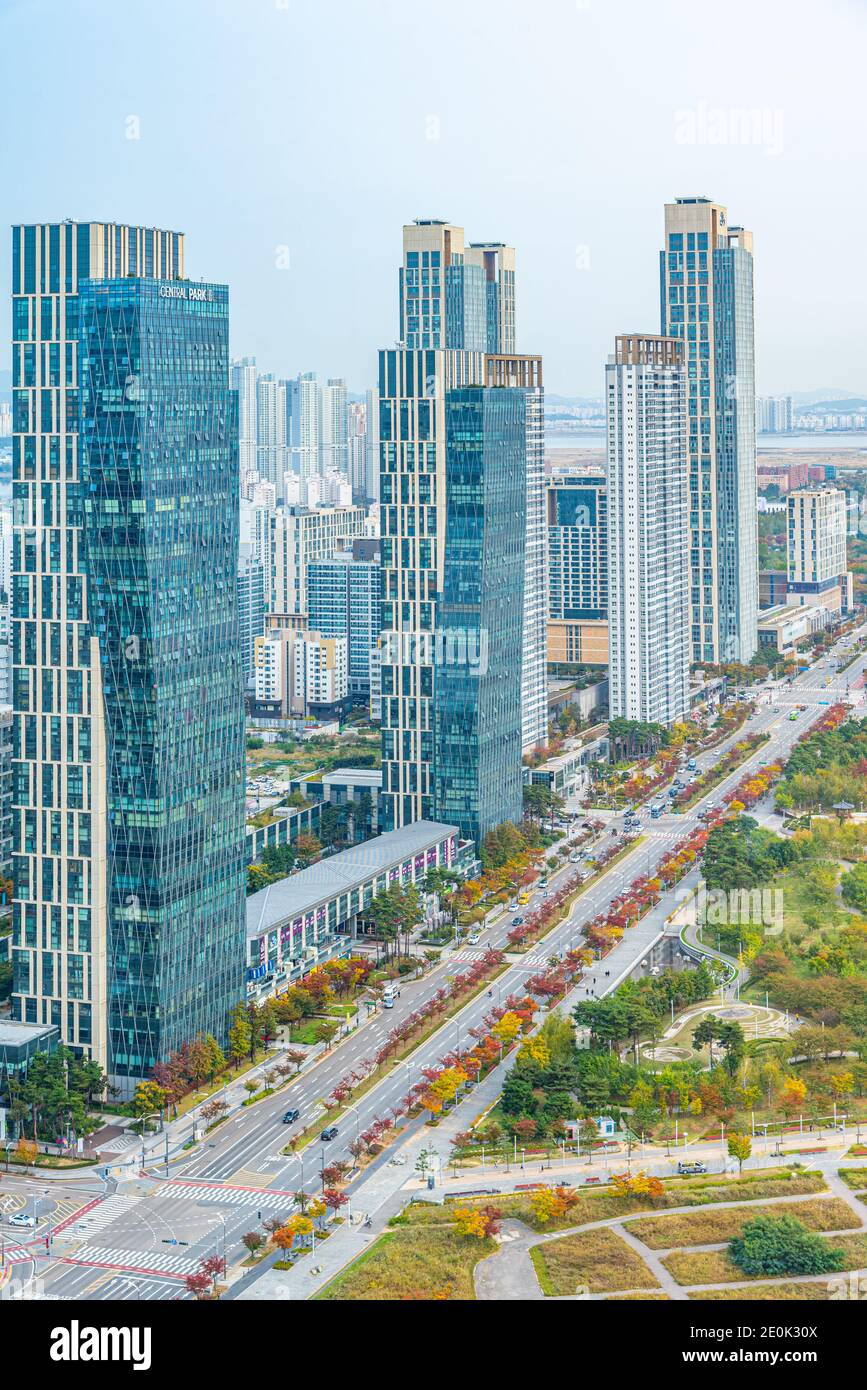 INCHEON, KOREA, OCTOBER 25, 2019: Aerial view of Songdo park in Incheon ...