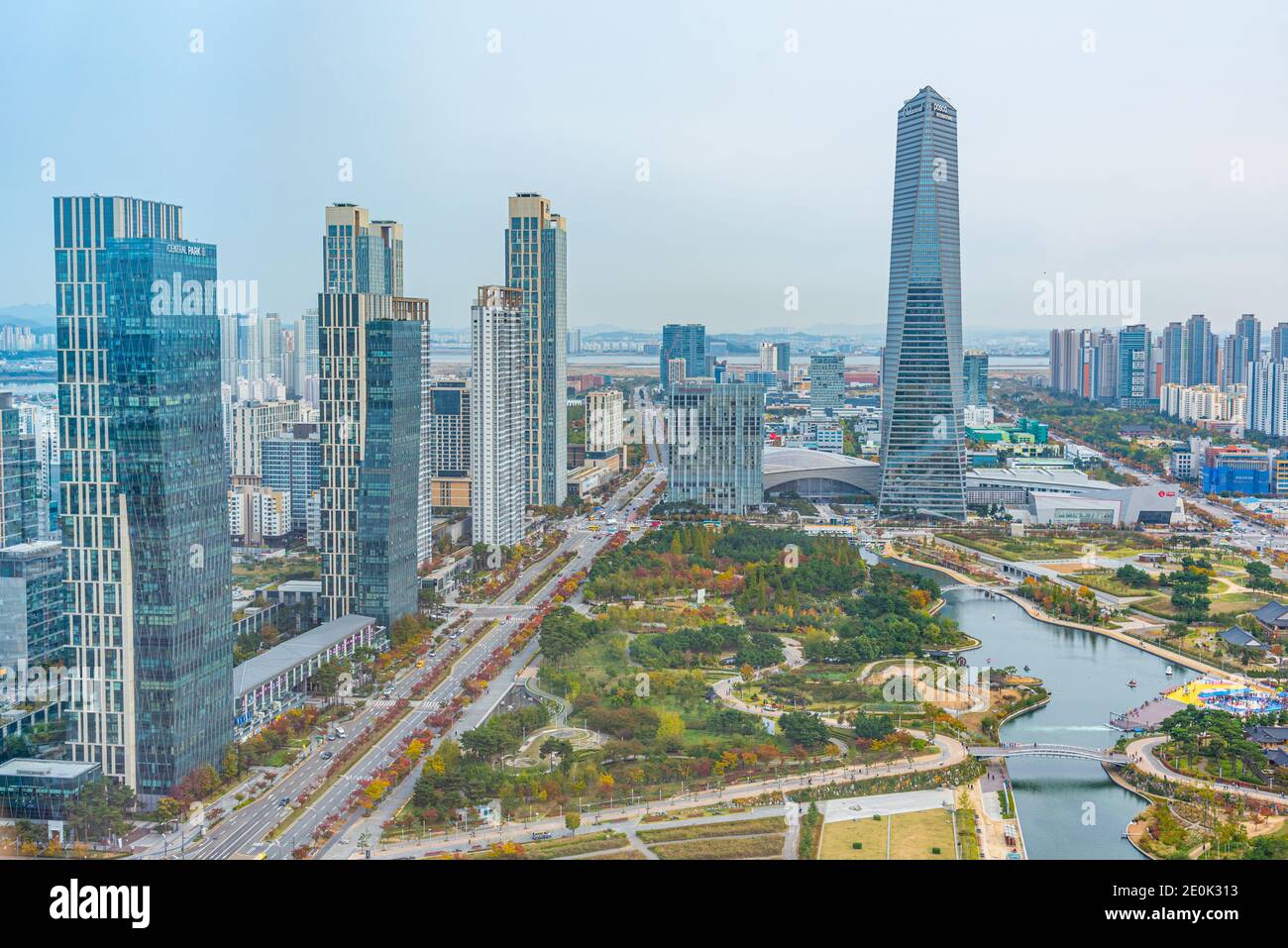 INCHEON, KOREA, OCTOBER 25, 2019: Aerial view of Songdo park in Incheon ...