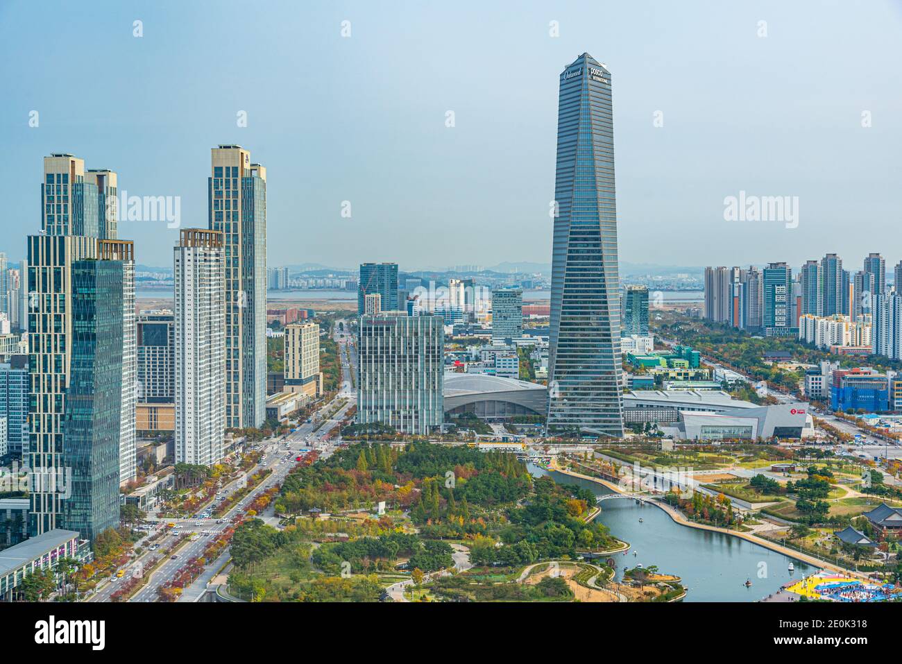 INCHEON, KOREA, OCTOBER 25, 2019: Aerial view of Songdo park in Incheon ...