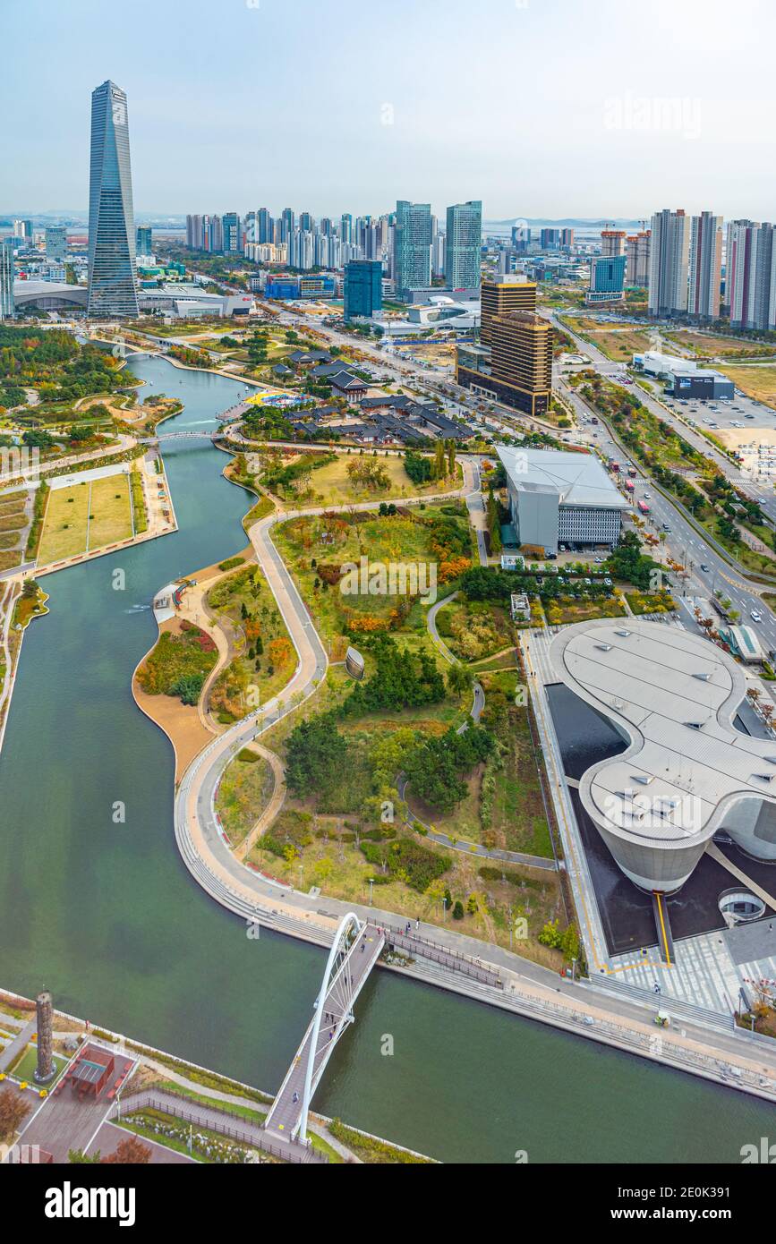 INCHEON, KOREA, OCTOBER 25, 2019: Aerial view of Songdo park in Incheon ...