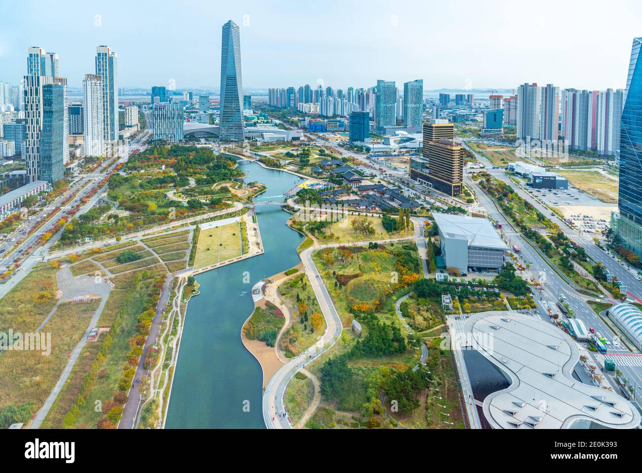 INCHEON, KOREA, OCTOBER 25, 2019: Aerial view of Songdo park in Incheon ...