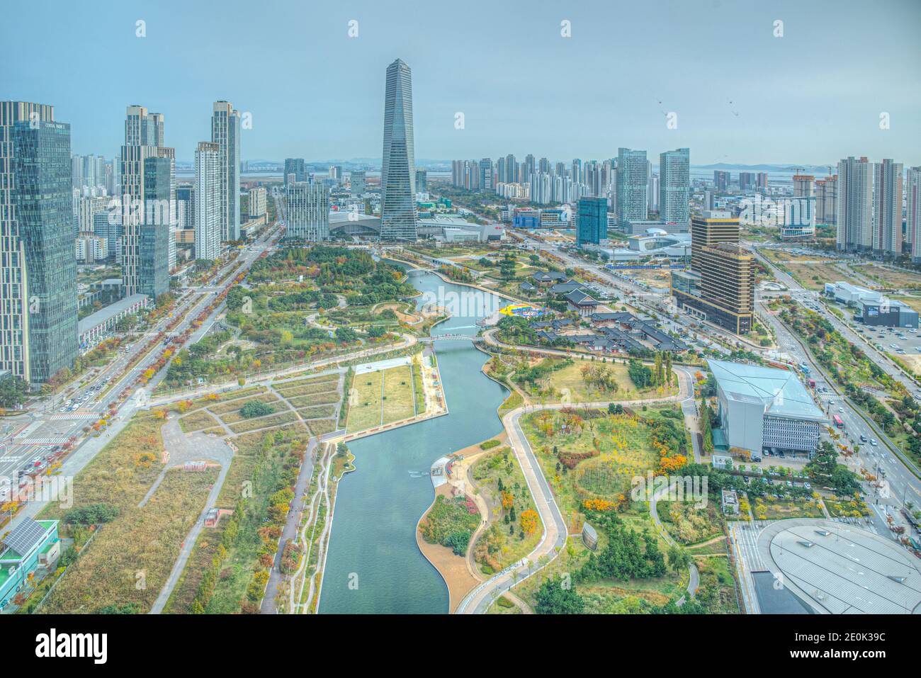 INCHEON, KOREA, OCTOBER 25, 2019: Aerial view of Songdo park in Incheon ...