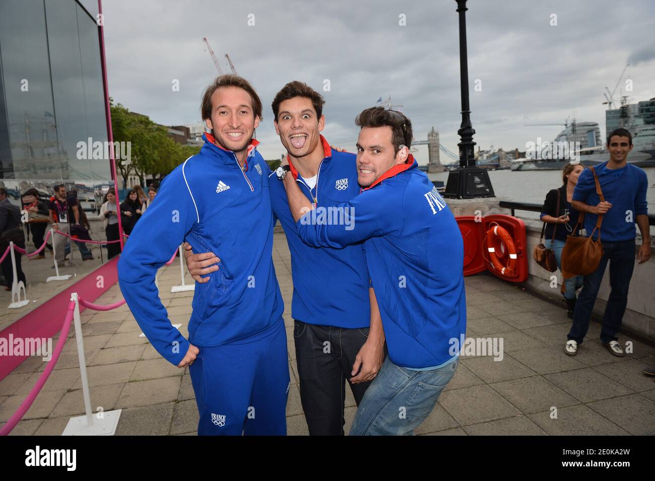 French swimmers Fabien Gilot, Florent Manaudou and Gregory Mallet pose ...