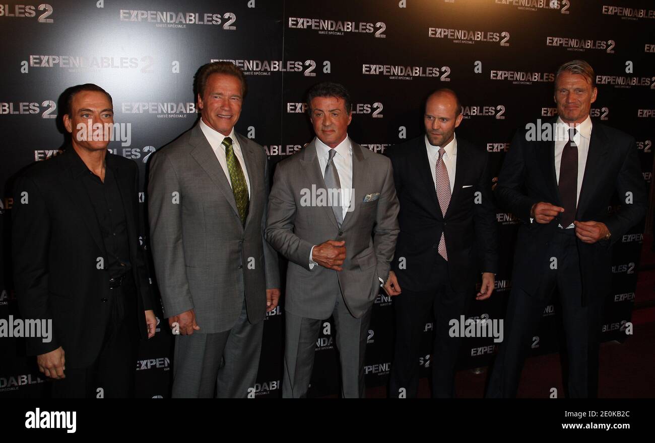 (L-R) Jean-Claude Van Damme, Arnold Schwarzenegger, Sylvester Stallone ...