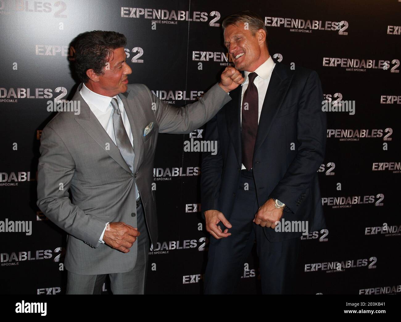 Sylvester Stallone (L) and Dolph Lundgren arriving for the France ...