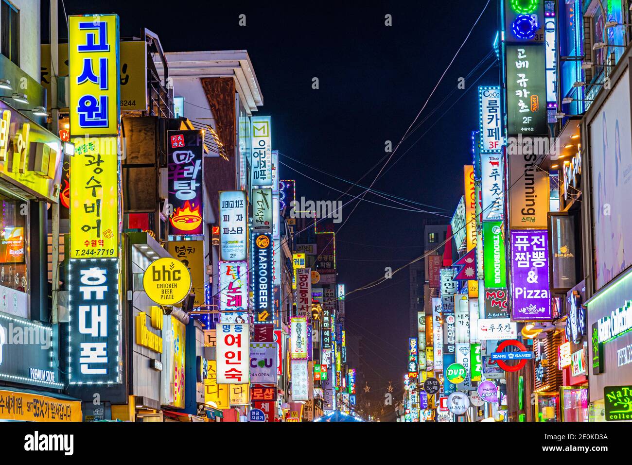 SEOUL, KOREA, OCTOBER 24, 2019: Colorful signs at Itaewon district of ...