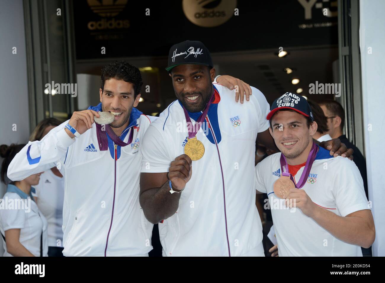 (L-R) Maheidine Mekhissi, Teddy Riner and Steve Guenot at a meeting of ...