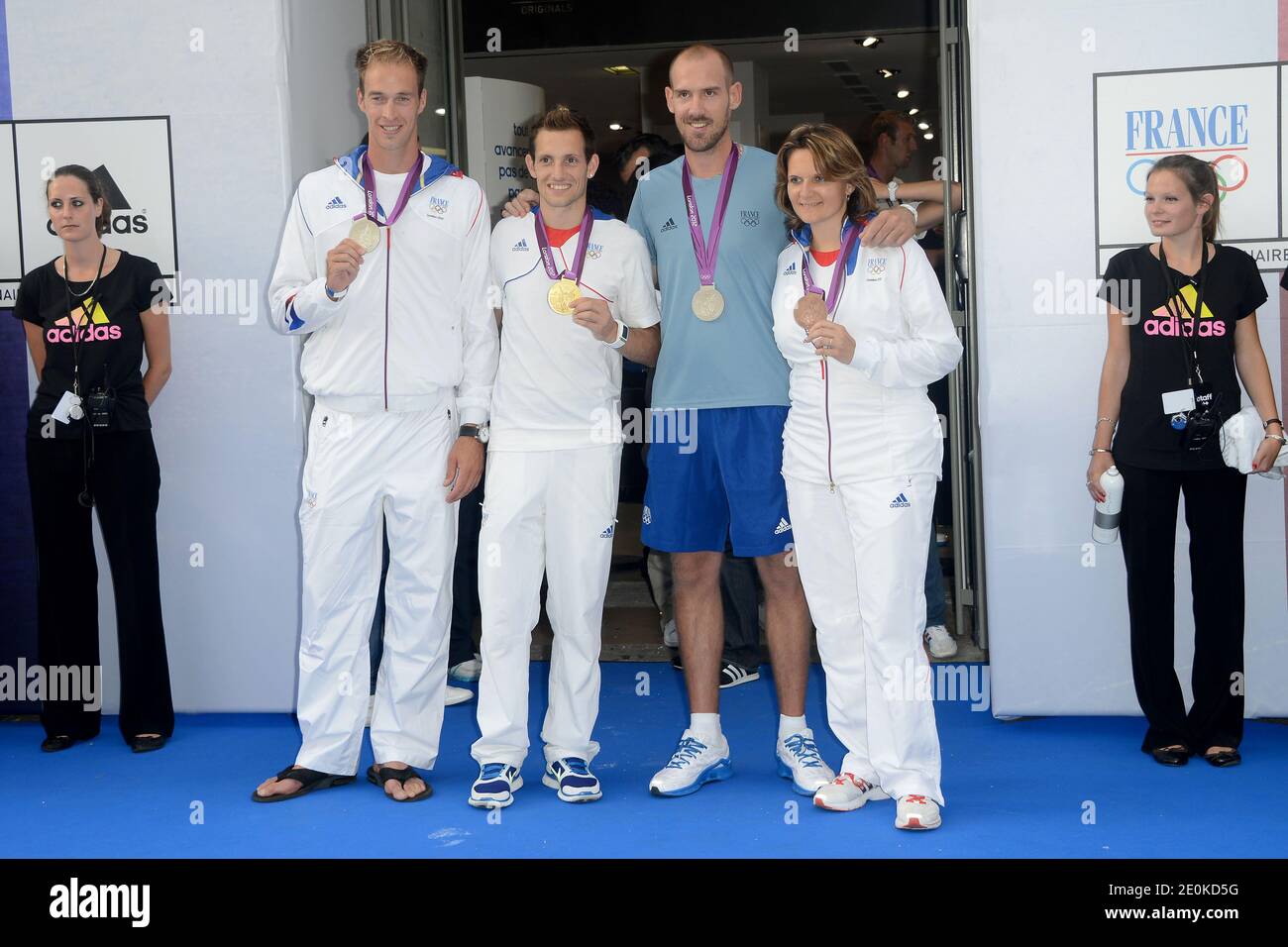 (L-R) Dorian Mortelette, Renaud Lavillenie, Germain Chardin and Delphine Reau Racinet at a ...