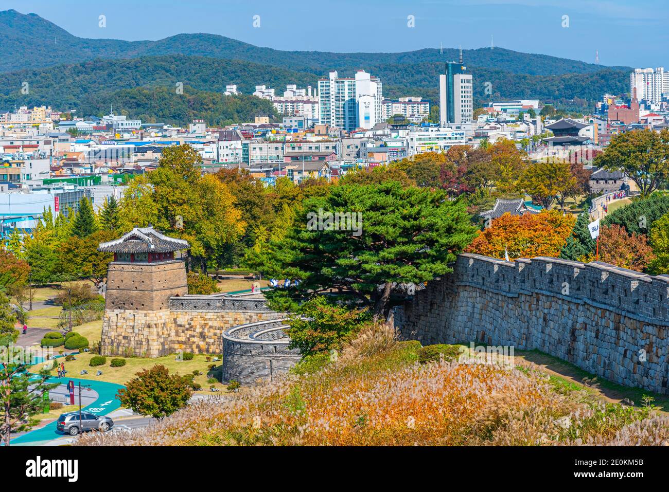 SUWON, KOREA, OCTOBER 24, 2019: Landscape of Suwon behind Hwaseong ...
