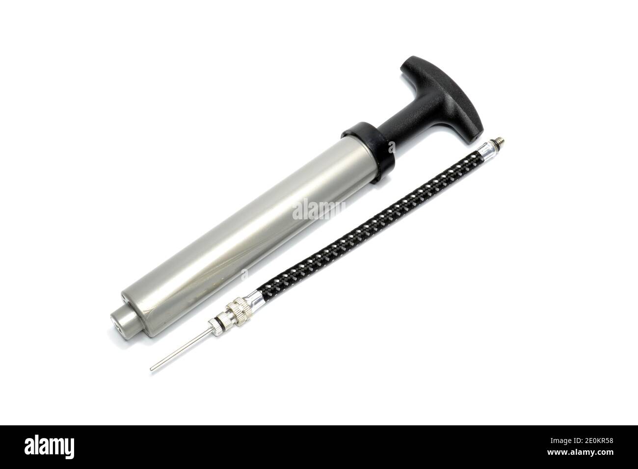 Mini Hand pump for bicycles and balls on white background Stock Photo ...