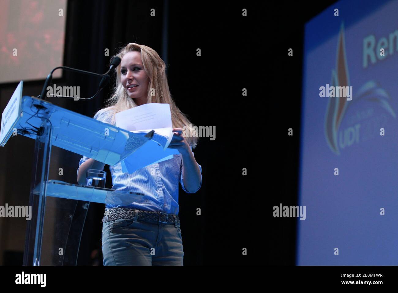 FN MP Marion Marechal-Le Pen arrives on stage to deliver a speech ...