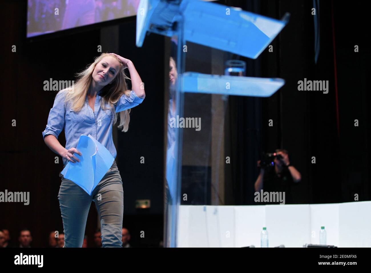 FN MP Marion Marechal-Le Pen arrives on stage to deliver a speech ...