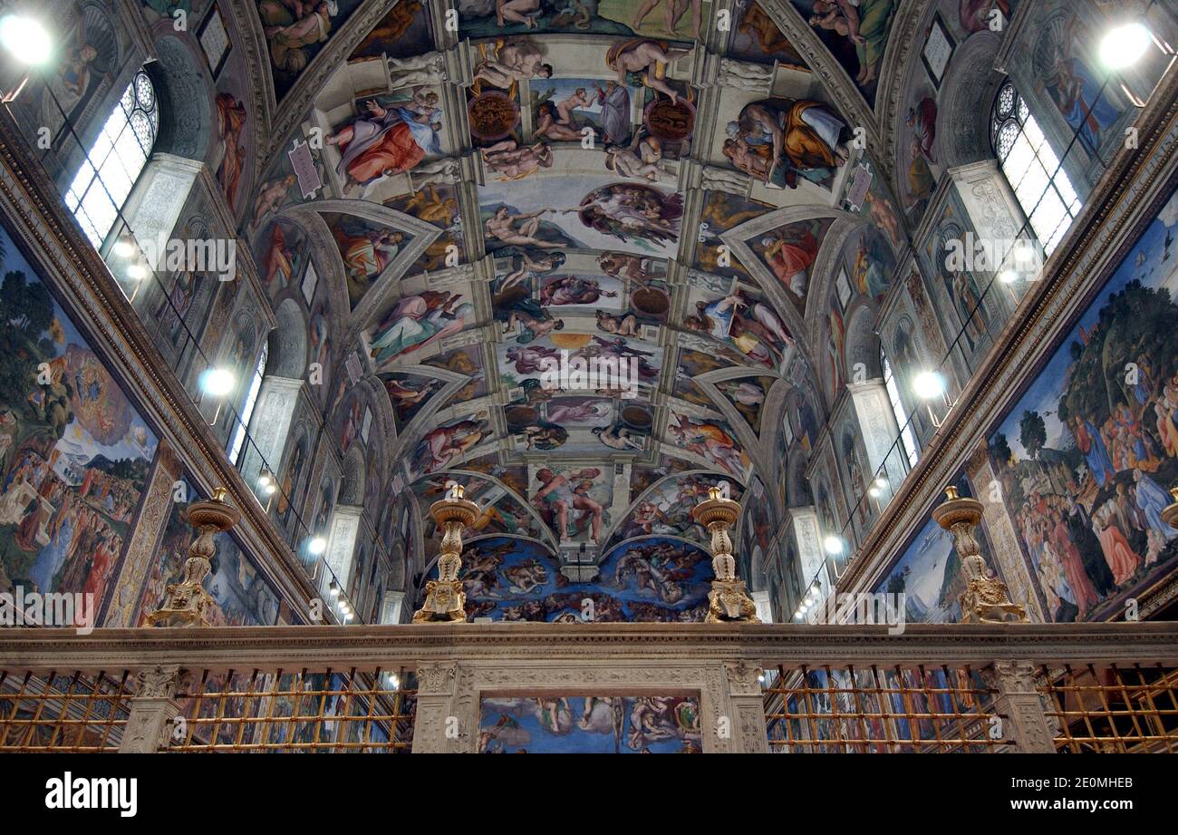 A view of Michelangelo's frescoes in the Sistine Chapel at the Vatican ...