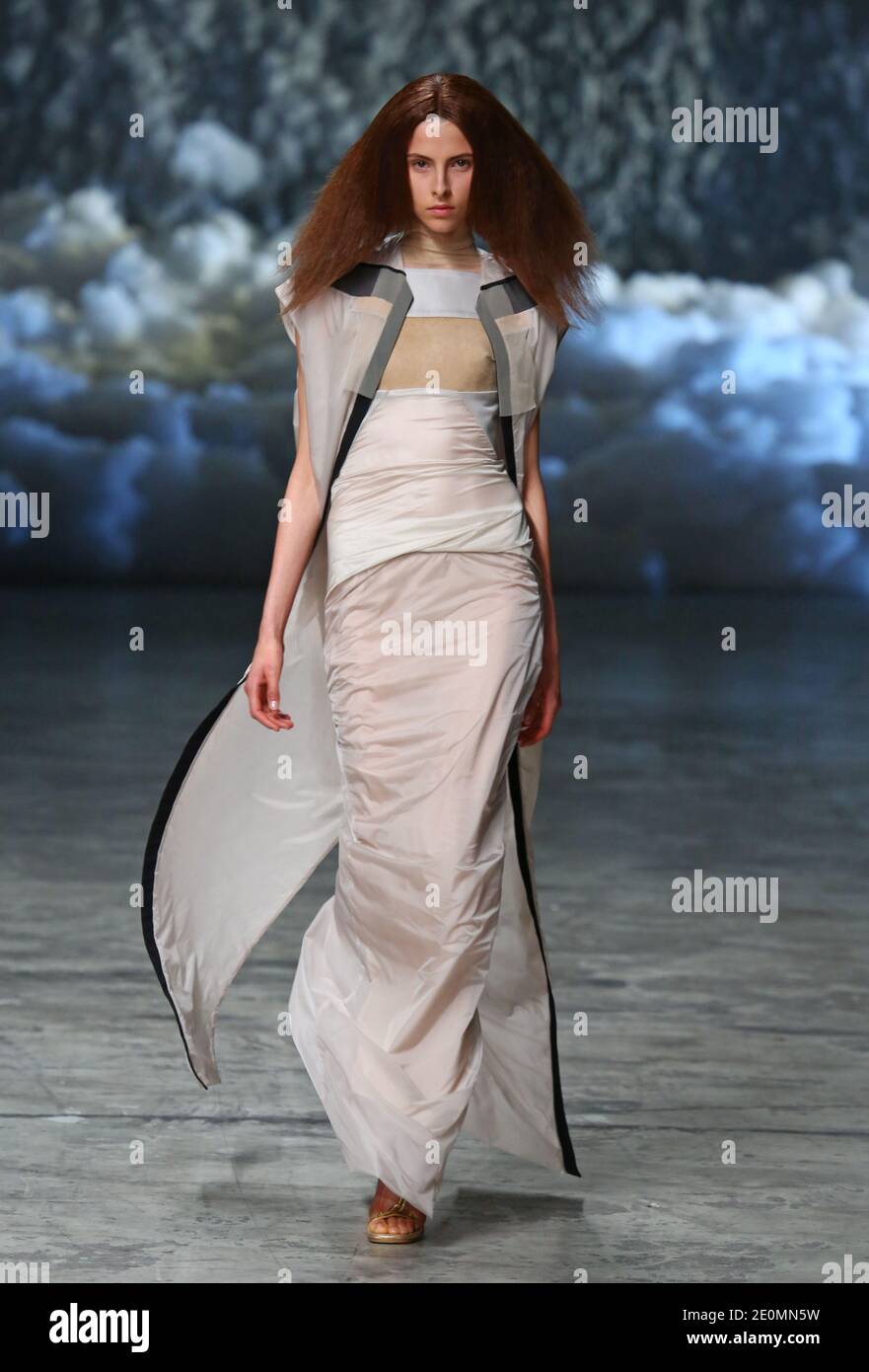 A model displays a creation by US designer Rick Owens for his Spring ...