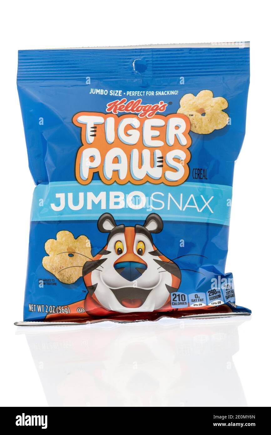 Winneconne, WI -1 January 2021: A package of Kelloggs tiger paws jumbo ...