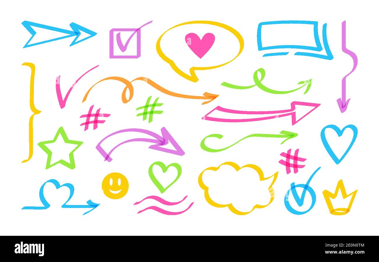 Arrow and speech bubble highlighter design element set. Sign bright ...
