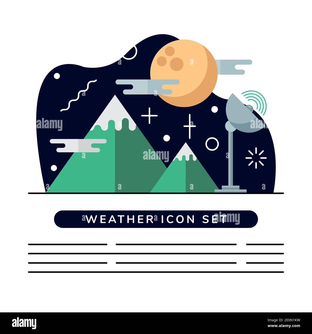 weather icon set with mountains moon and antenna design, Weather sky ...