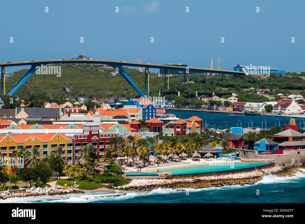 Aerial view of capital city Willemstad with Queen Juliana Bridge ...