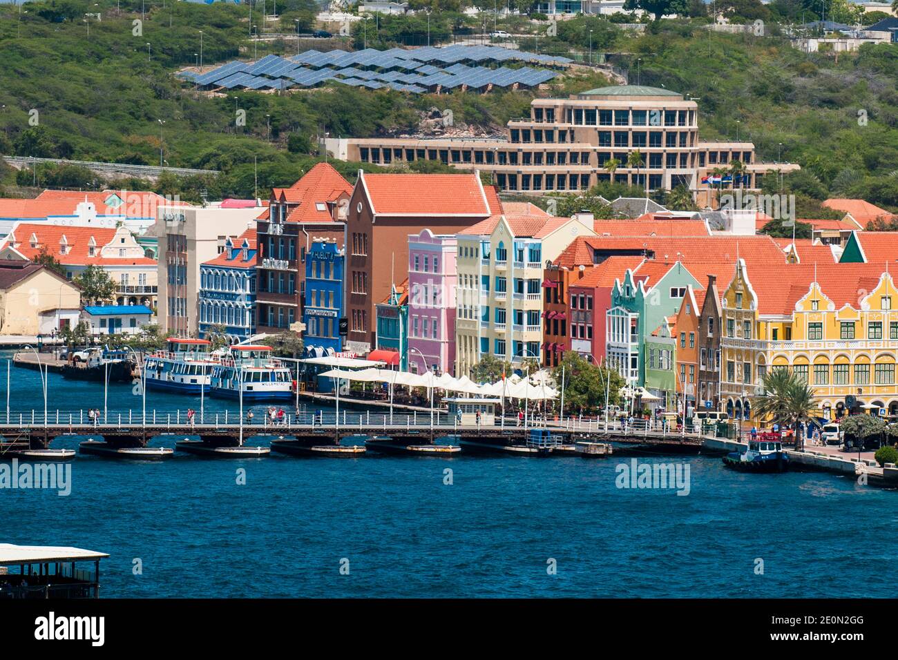 Aerial view of capital city Willemstad with Queen Emma Bridge, Curacao ...