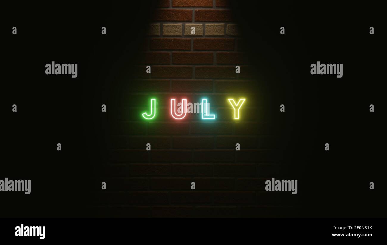 July text neon light colorful on brick wall texture . 3d illustration ...