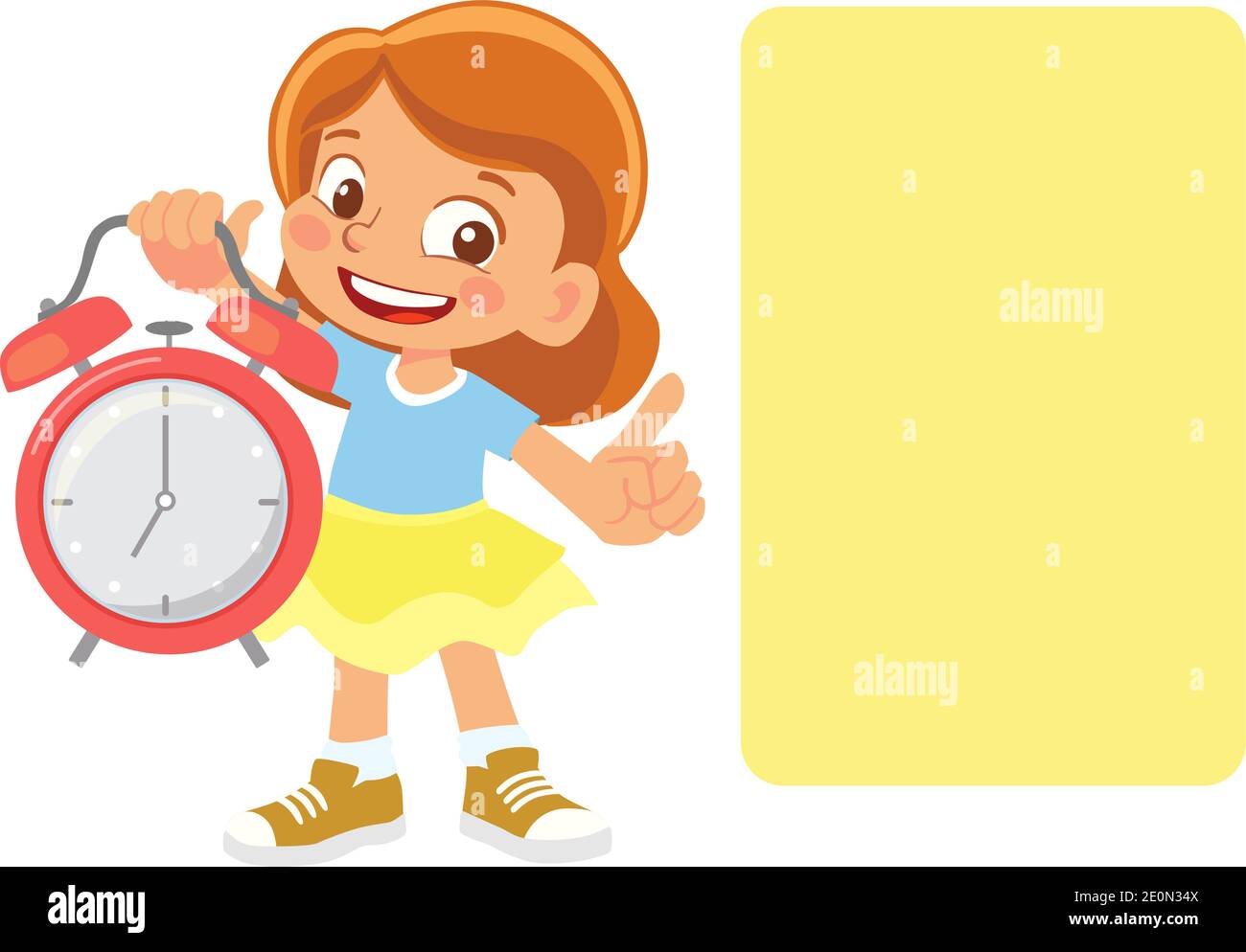 Girl points to the schedule. Girl holding alarm clock Stock Vector ...