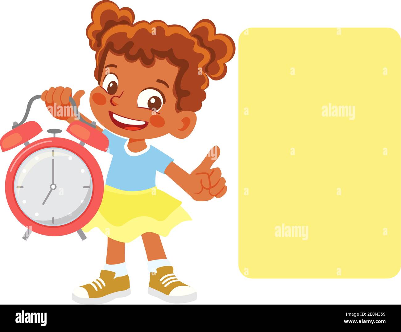 African American Girl points to the schedule. Girl holding alarm clock ...