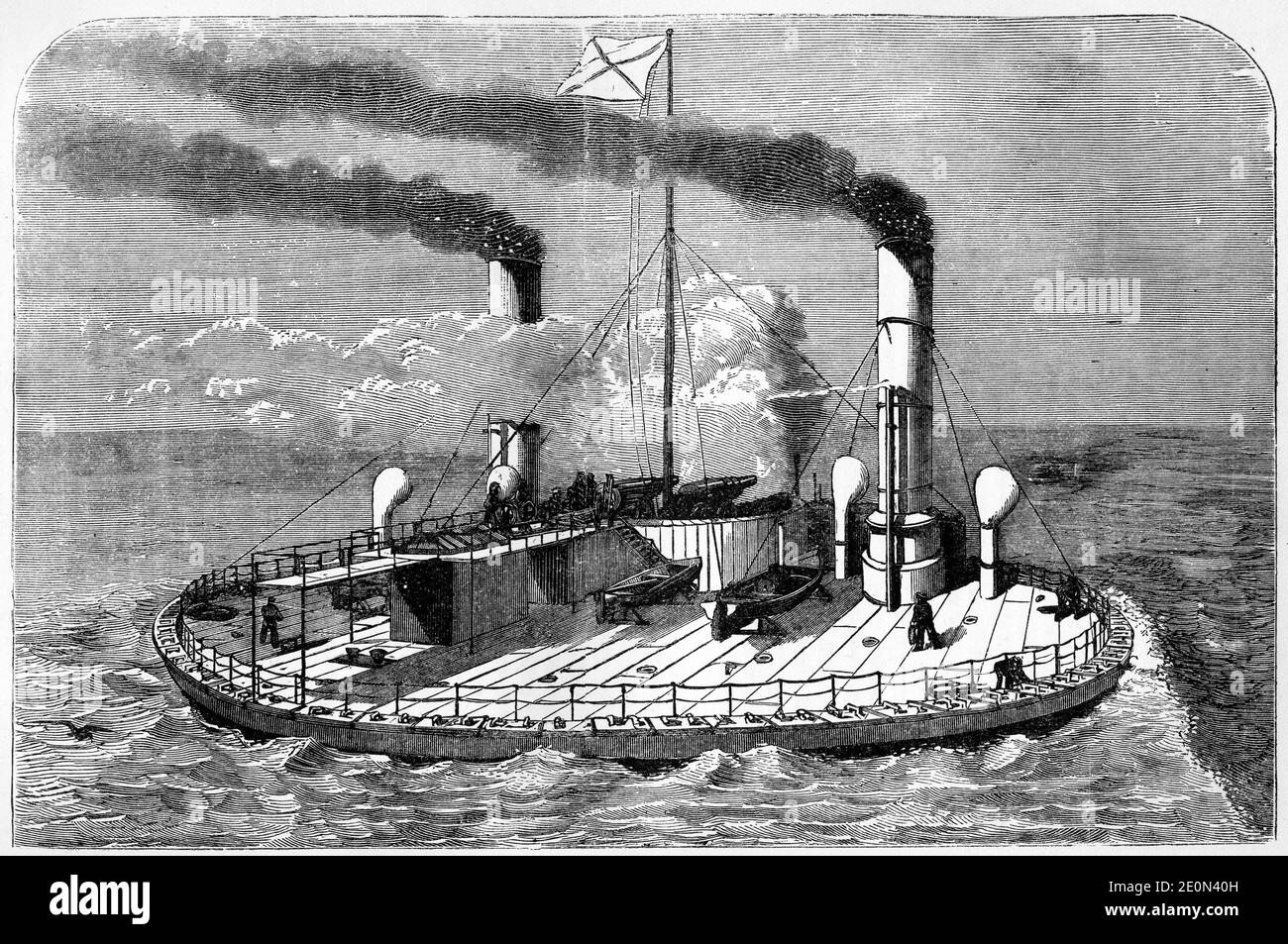 Engraving of a Russian circular ironclad ship, circa 1890 Stock Photo ...