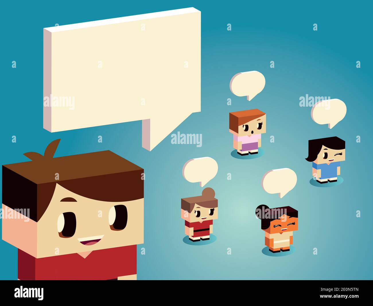 kids, boys and girls characters cartoon talk bubbles, isometric design ...
