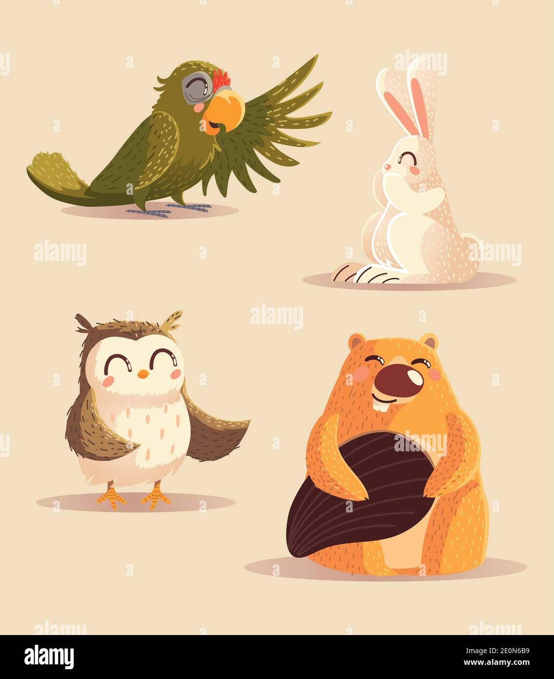 cartoon animals parrot owl rabbit and beaver icons vector illustration ...