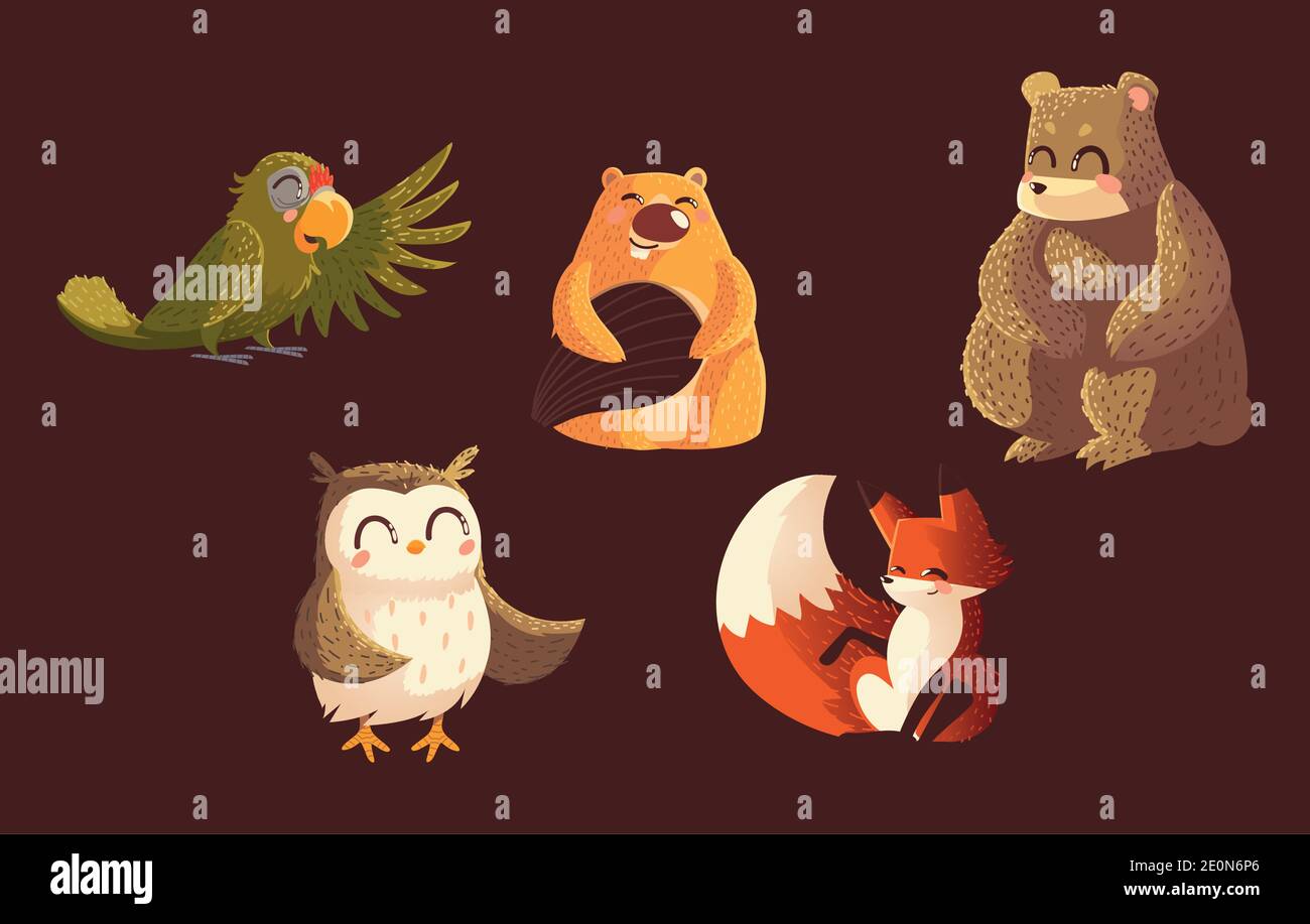parrot bear beaver owl and fox wildlife cartoon animals brown ...