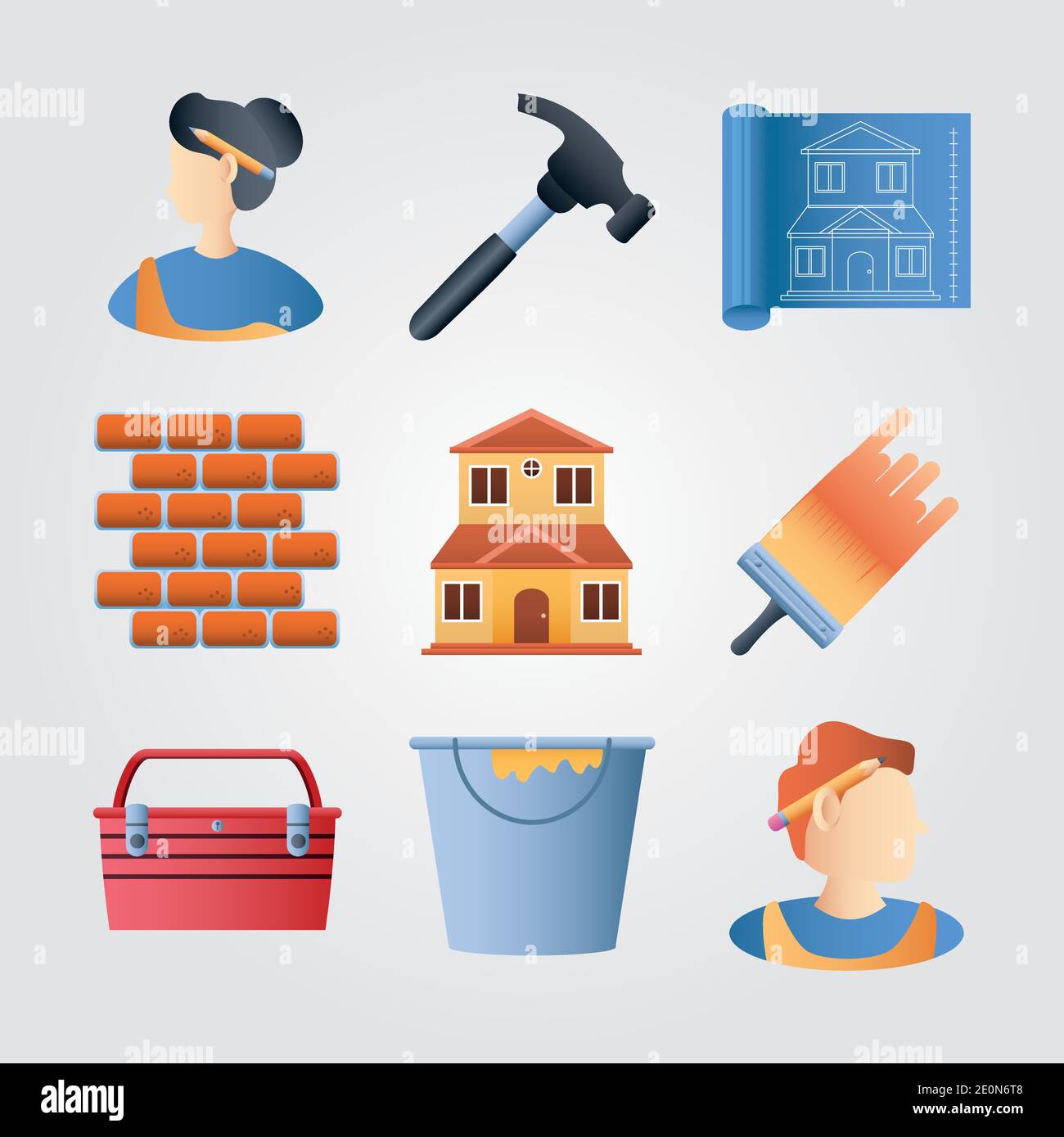 home remodeling icons set wall brick hammer brush color bucket plan ...