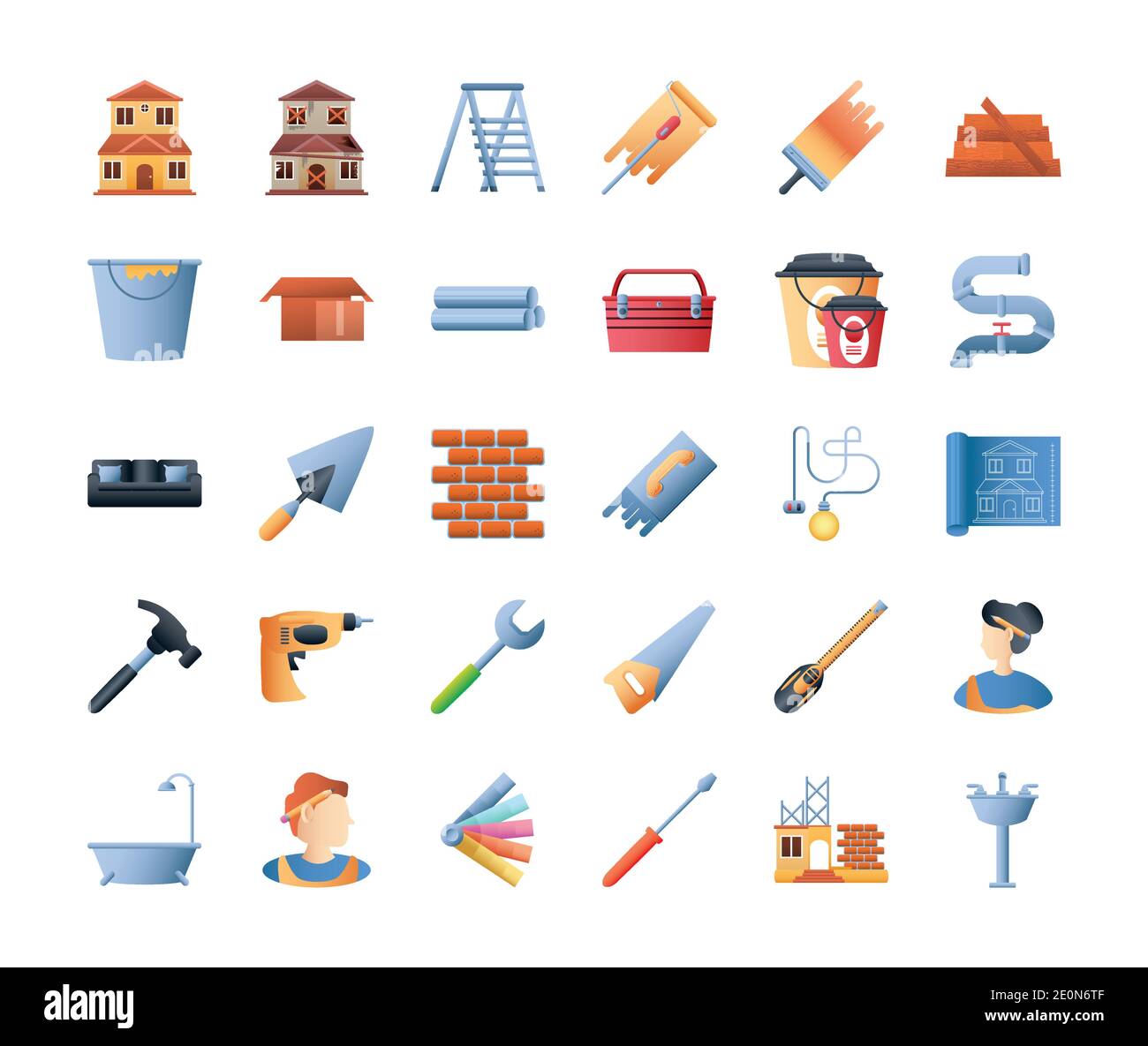 home remodeling icons set ladder brush roller paint color bucket tools ...