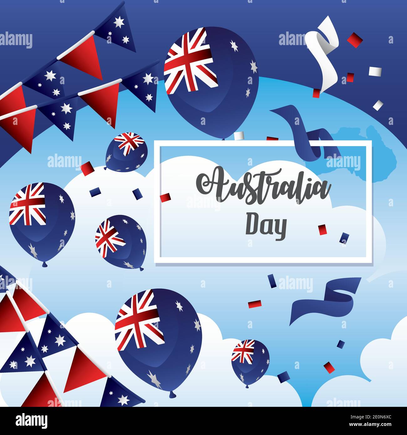 australia day, map flags in balloons pennants celebration festive card ...