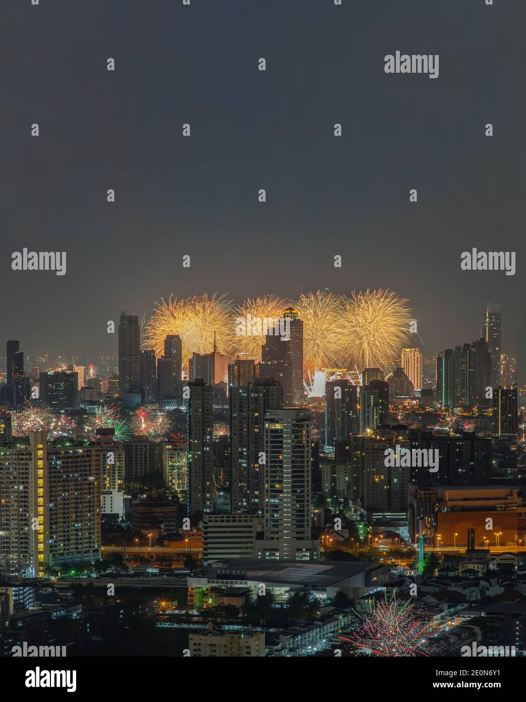 Colorful Firework with cityscape night light view of Bangkok skyline at ...
