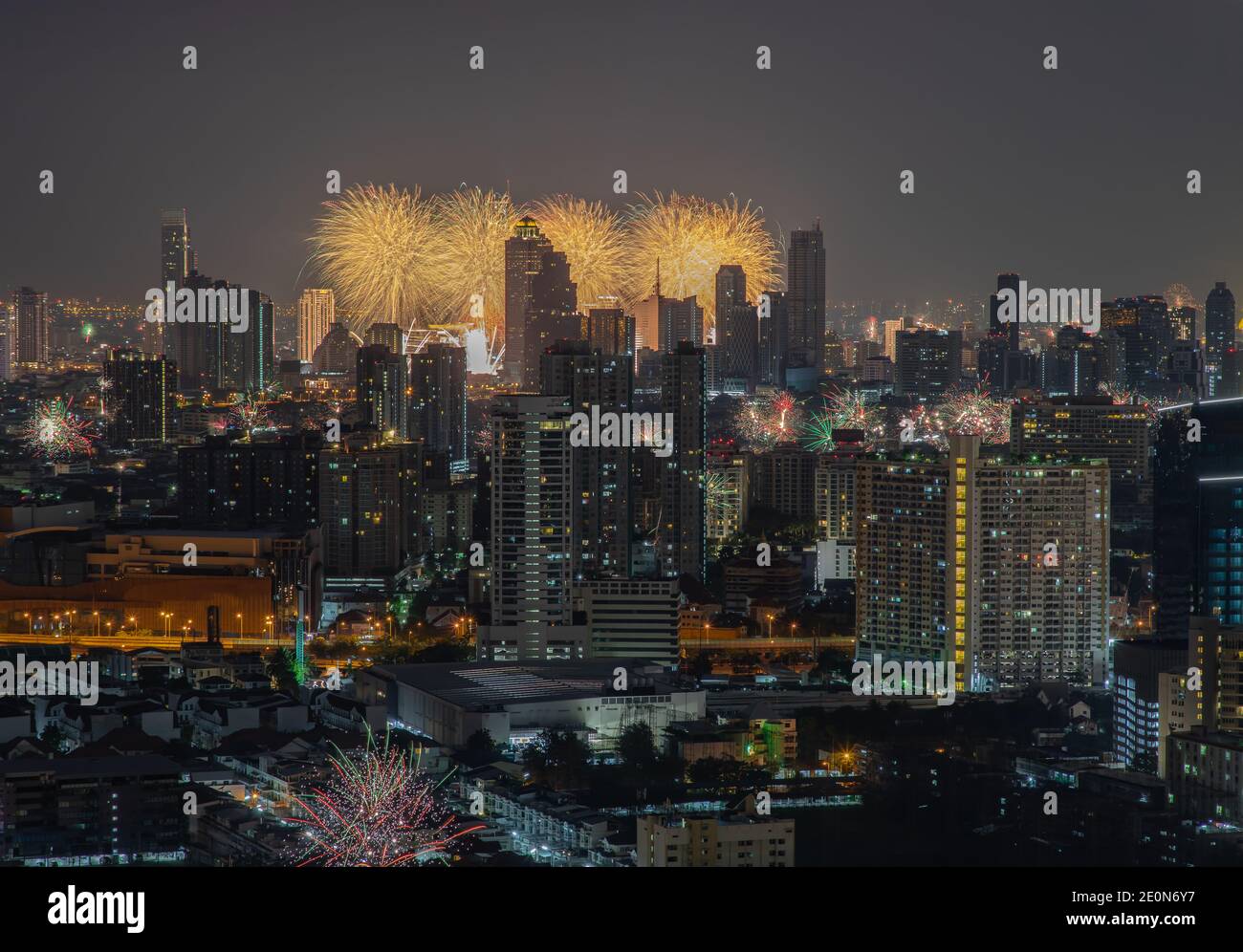 Colorful Firework with cityscape night light view of Bangkok skyline at ...