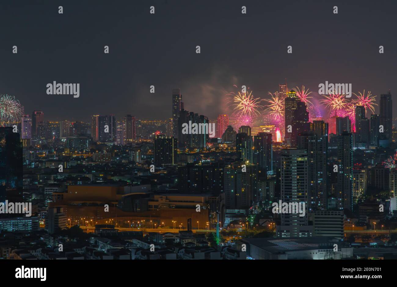 Colorful Firework with cityscape night light view of Bangkok skyline at ...