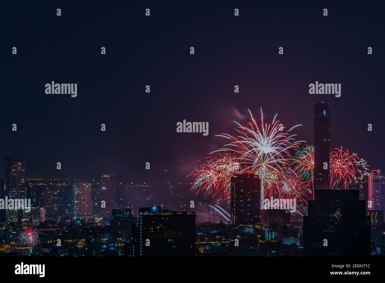 Colorful Firework with cityscape night light view of Bangkok skyline at ...