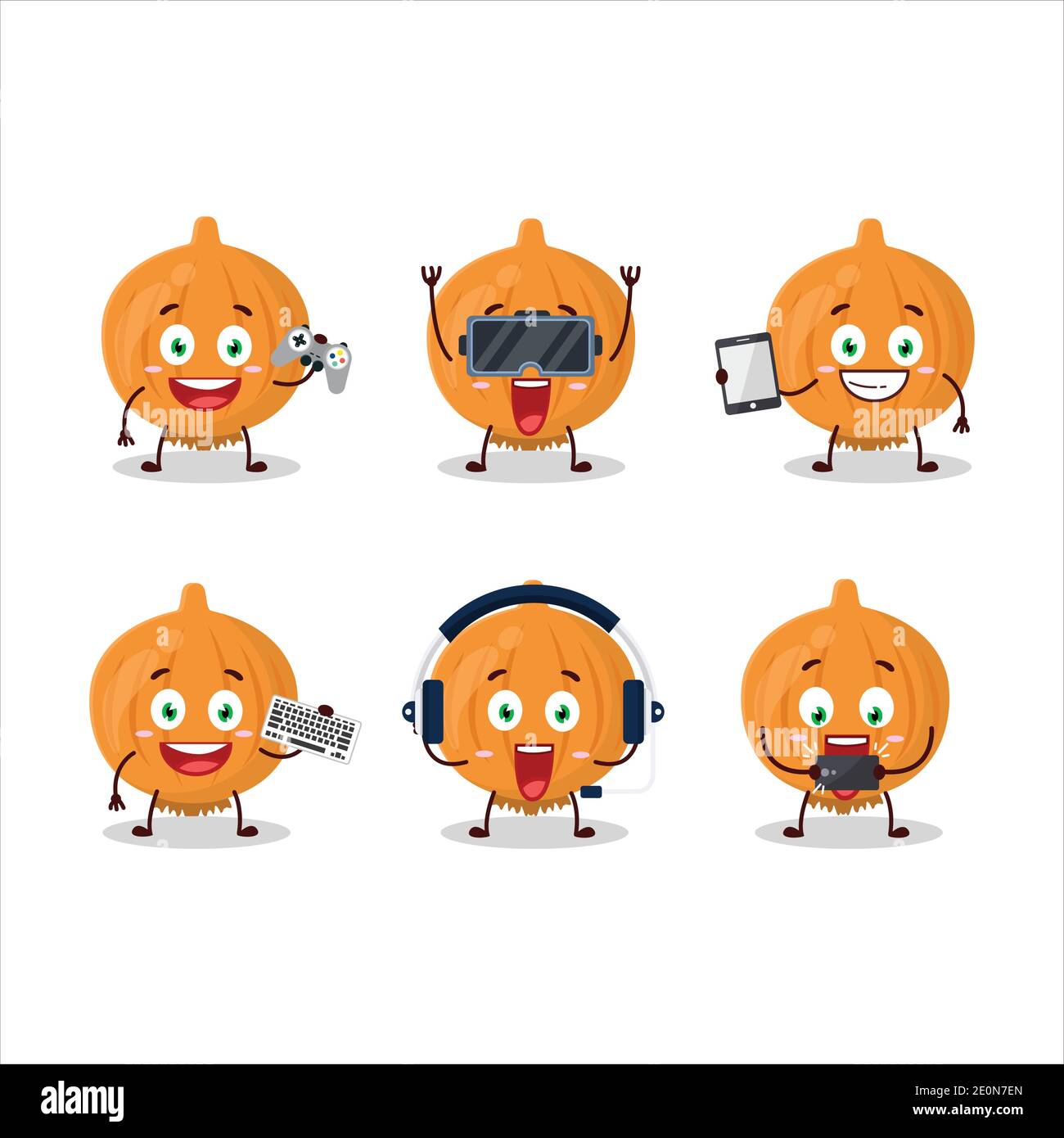Onion cartoon character are playing games with various cute emoticons ...