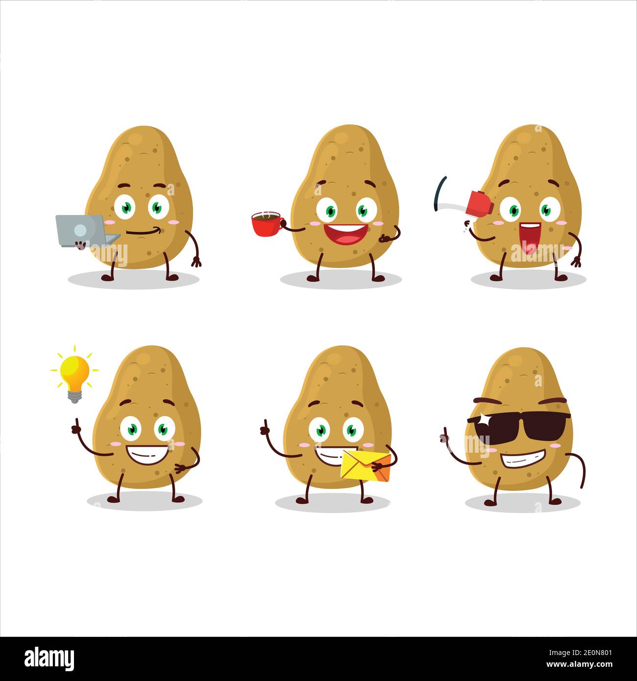 Potato cartoon character with various types of business emoticons ...