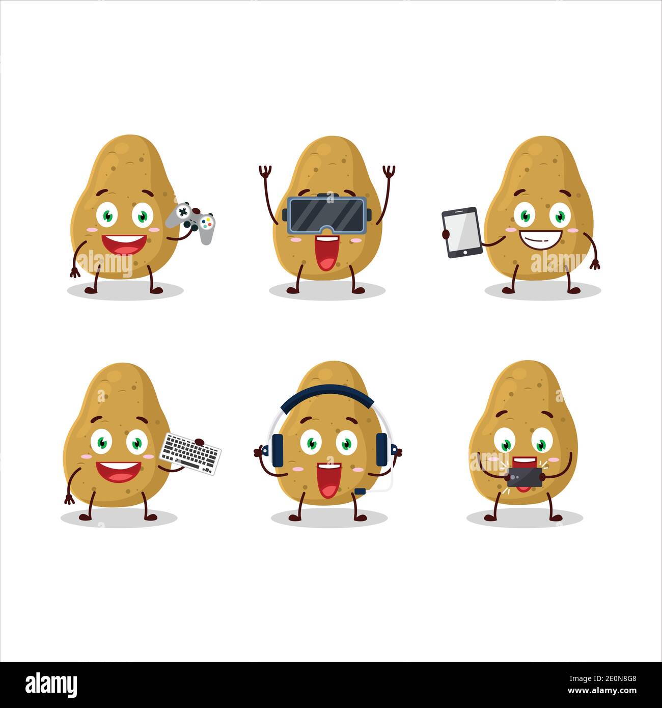 Potato cartoon character are playing games with various cute emoticons ...
